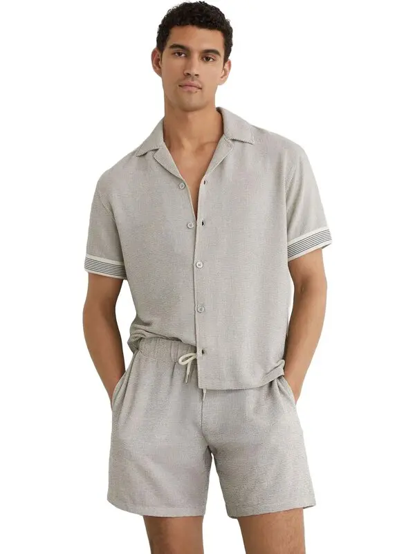 REISS White & Black Textured Stripe-tape Cuban-collar Shirt - White/black