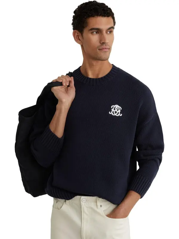 REISS Monogram-embroidered Relaxed Jumper - Navy