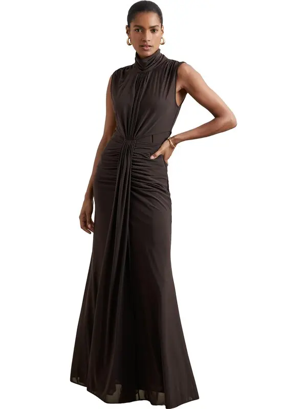 REISS Ruched Sleeveless Maxi Dress - Brown