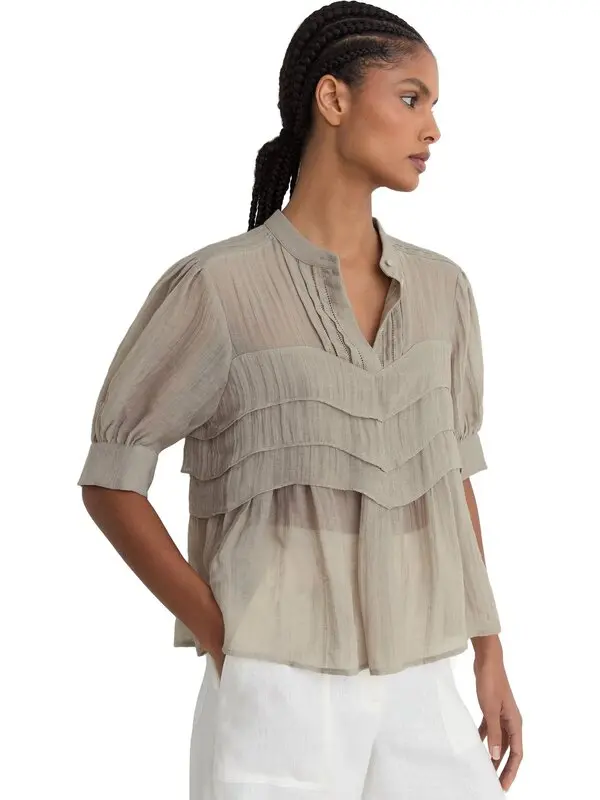 REISS Frill-detail Half-button Blouse - Grey