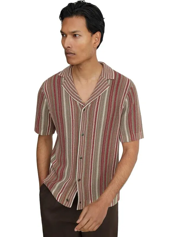 REISS Red & Camel Striped Knit Cuban-collar Shirt - Red/camel