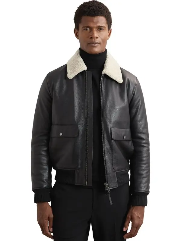 REISS Leather Shearling Collar Bomber Jacket - Black