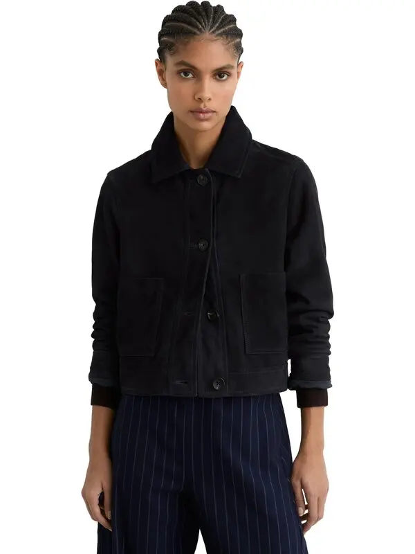 REISS Suede Cropped Trucker Jacket - Navy