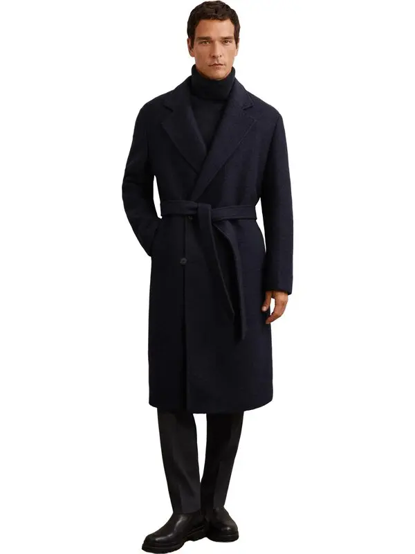 REISS Bouclé Double-breasted Overcoat - Navy