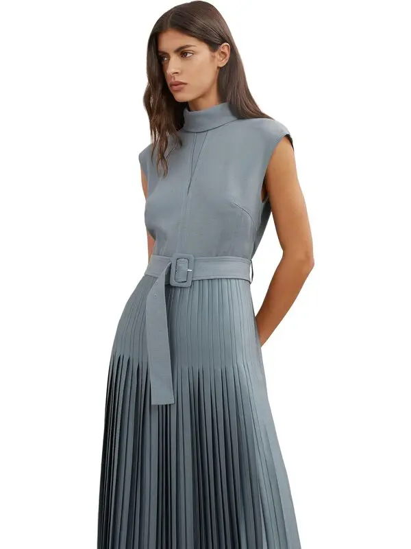 REISS Pleated Roll Neck Belted Midi Dress - Blue
