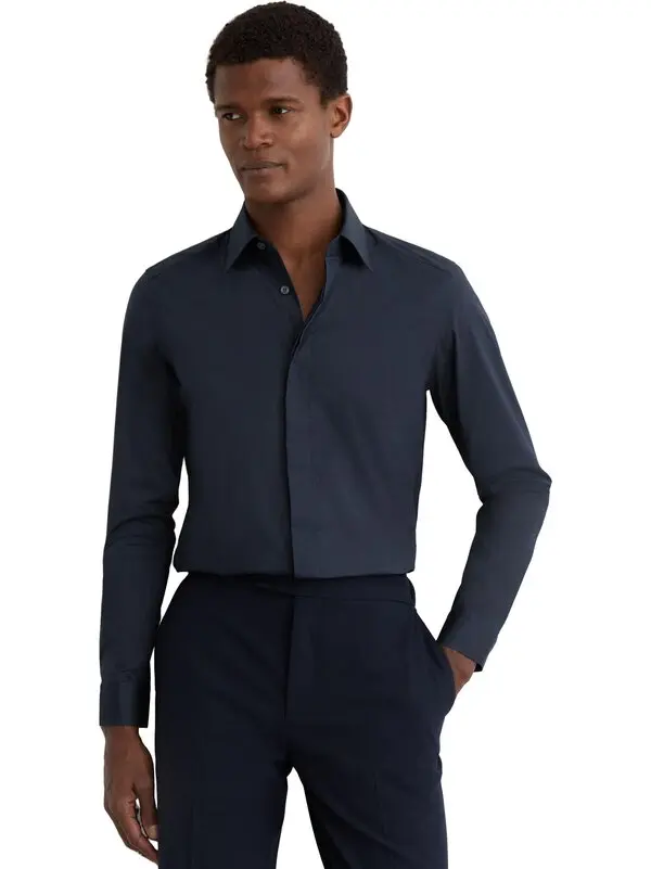 REISS Stretch-cotton Concealed-placket Shirt Slim-fit - Navy