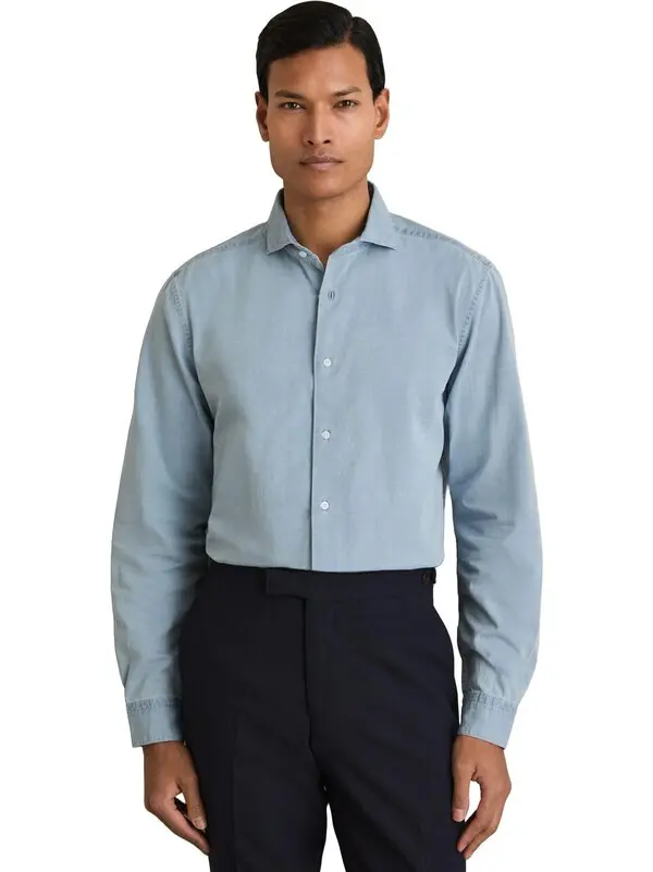 REISS Washed Chambray Button-through Shirt - Blue