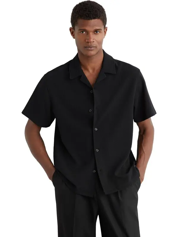 REISS Textured Cuban-collar Shirt - Black