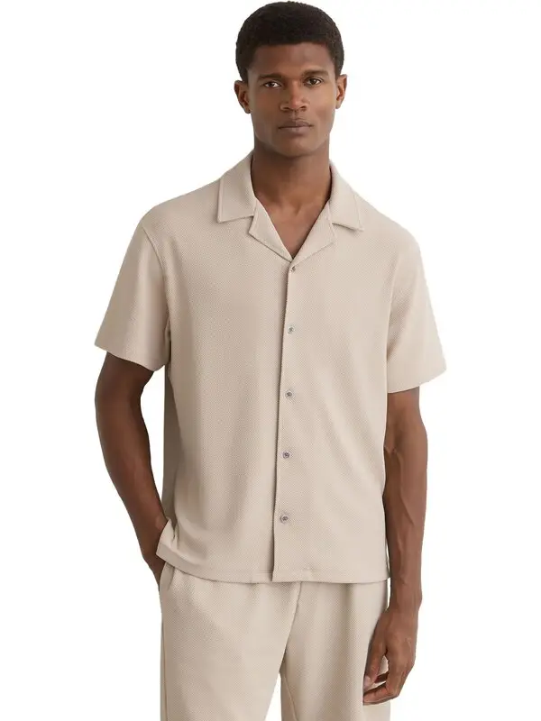 REISS Textured Cuban-collar Shirt - Stone