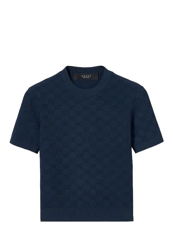 Gucci Fine Wool Top With Gg Crystal Embroidery - Blue