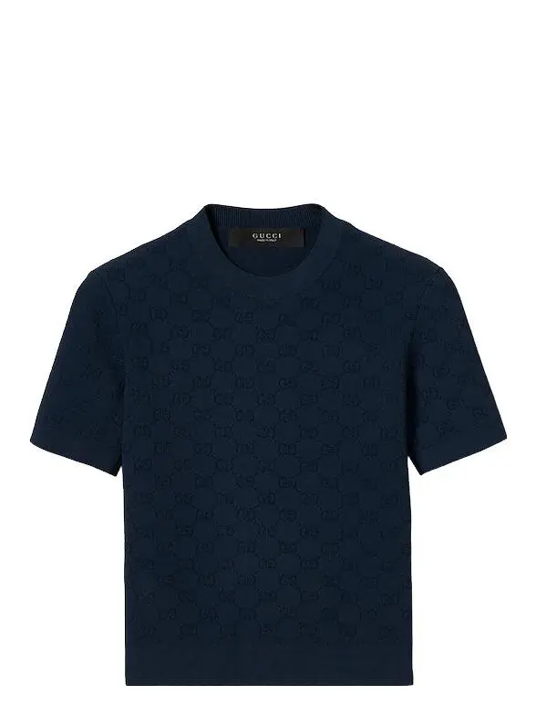 Gucci Fine Wool Top With Gg Crystal Embroidery - Blue