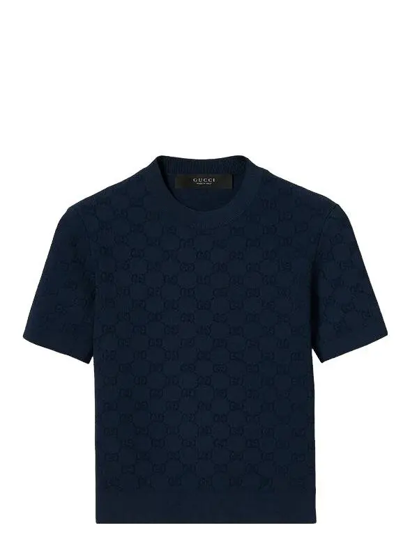 Gucci Fine Wool Top With Gg Crystal Embroidery - Blue