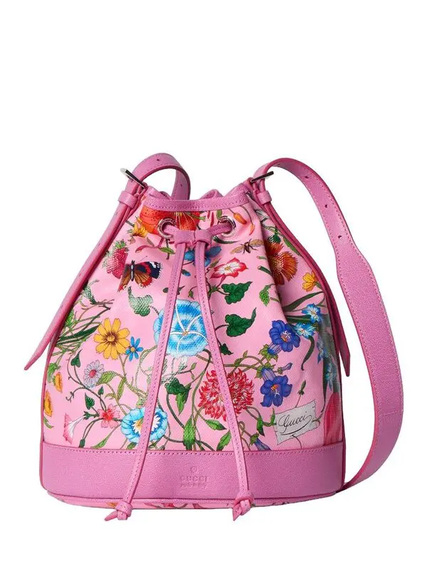 Gucci Small Bucket Bag With Floral Motif - Beige