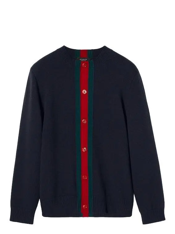 Gucci Wool Knit Cardigan With Web Detail - Blue