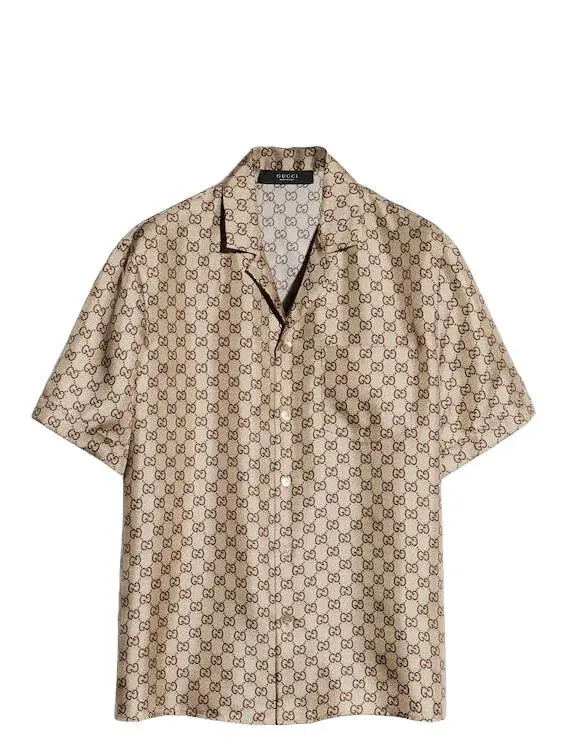 Gucci Gg Canvas Linen Blend Bowling Shirt - Brown