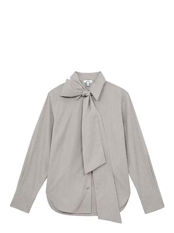 REISS Elowen Striped Tie-neck Cotton Shirt - Grey