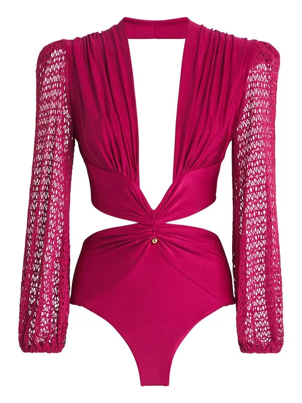 PatBO Crochet-trim Plunge-neck Bodysuit - Pink