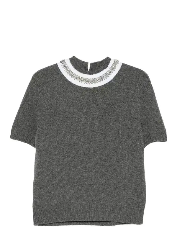 Prada Embellished Mock Neck Short Sleeve Sweater - Grey