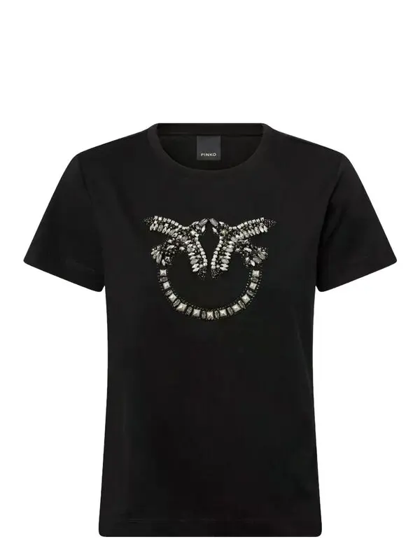 Pinko T-shirt With Love Birds Jewel Maxi Embroidery - Black