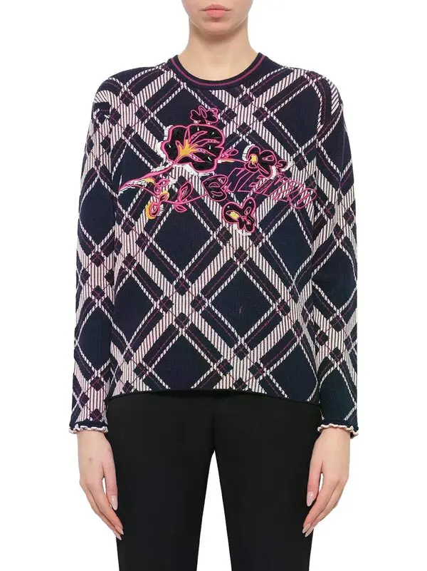 Kenzo Check-pattern Floral-embroidered Sweater - Blue