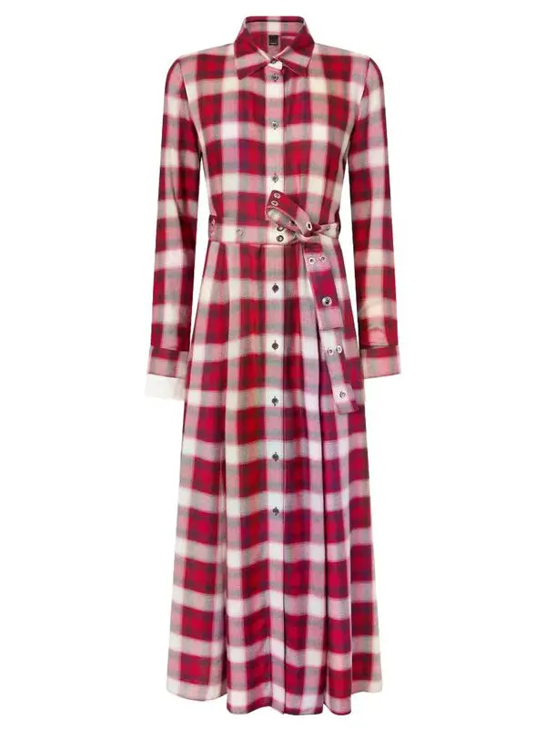 Pinko Long Shirt Dress With Check Pattern And Belt - Red