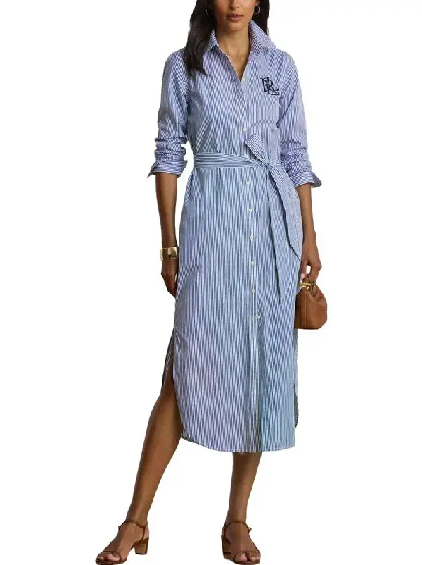 Ralph Lauren Striped Belted Midi Shirt Dress - Blue