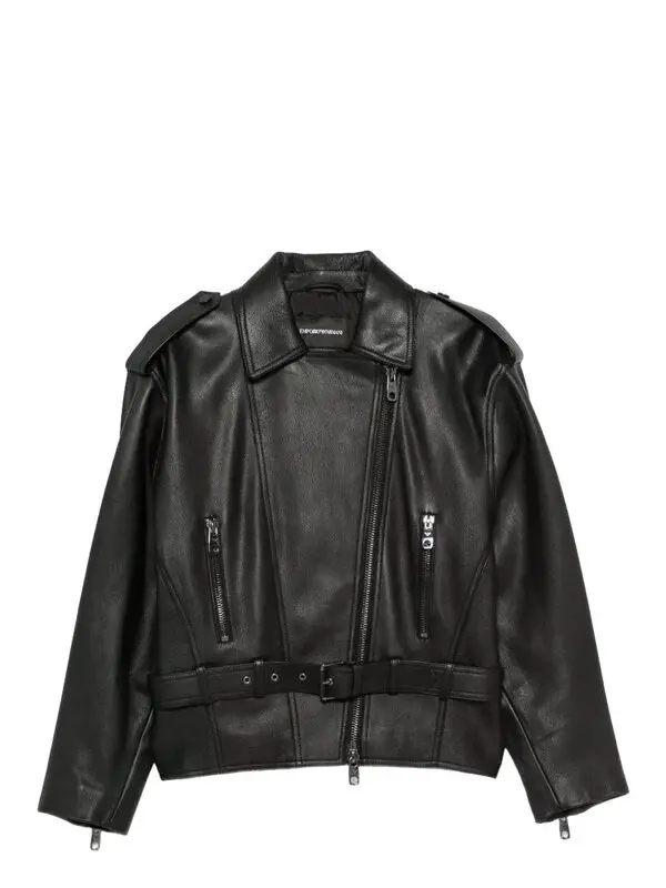 Emporio Armani Belted Leather Jacket - Black