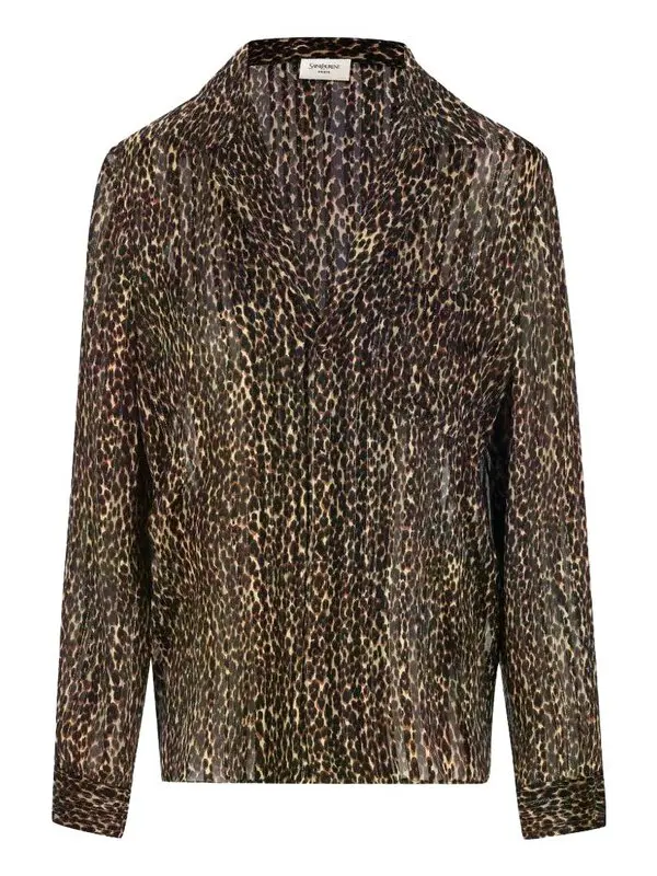 Saint Laurent Blouse With A Pajama Collar And Covered Buttons, Decorated With A Lurex-stripe Leopard-print Motif - Brown