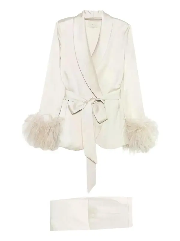 THE ARCHIVIA Feather-trim Belted Suit - Neutrals