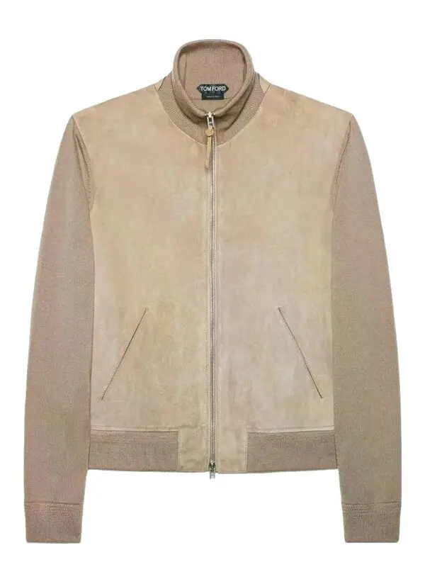 TOM FORD Suede Front Merino Wool Full Zip Jacket - Neutrals