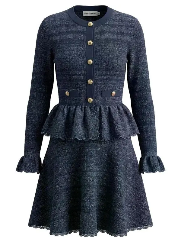 SELF-PORTRAIT Navy Textured Knit Mini Dress - Blue