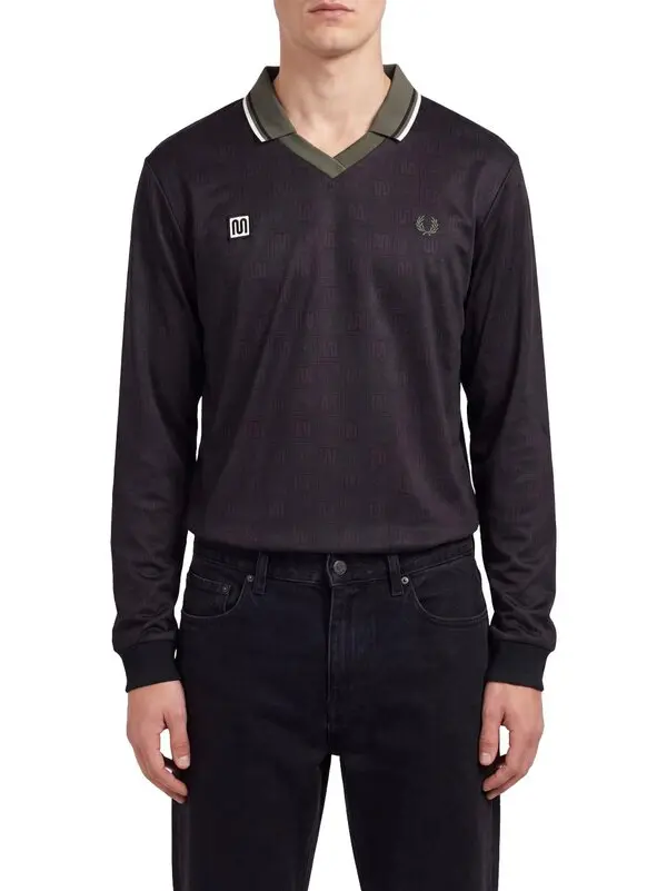 Fred Perry Long-sleeve V-neck Cotton-blend Polo With Embroidered Logo - Black