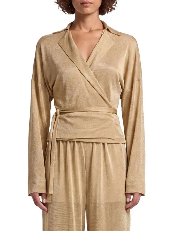 Alberta Ferretti Wrap Shirt In Viscose And Lurex With Rever Collar - Gold