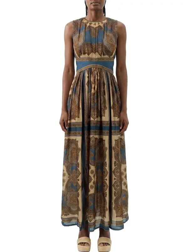 Zimmermann Mahon Ethnic-print Silk Maxi Dress With Off-the-shoulder Design - Navy