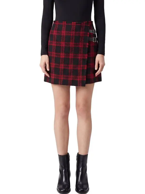 Pinko Check Pattern Wool Blend Wrap Mini Skirt - Red