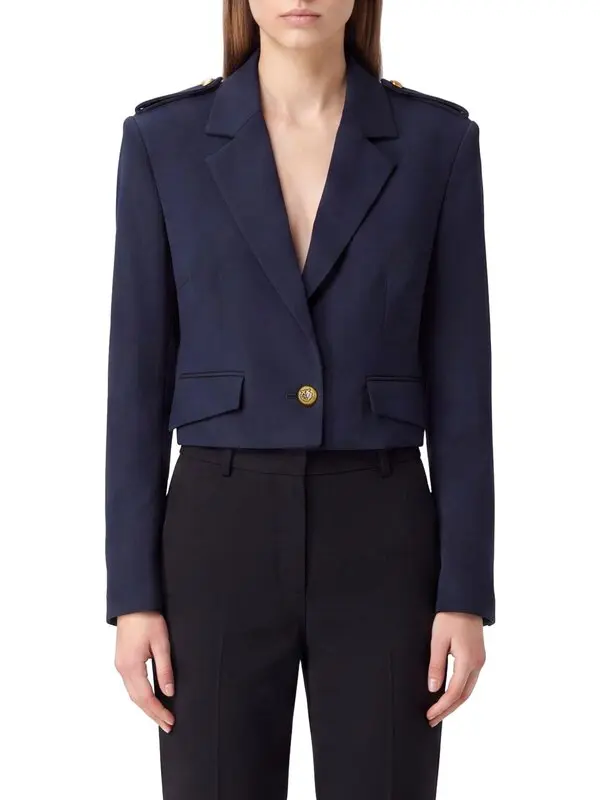 Pinko Cropped Single-breasted Military Blazer In Wool Blend With Peak Lapels - Blue