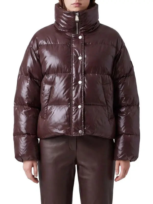 Pinko Short Waterproof Hooded Puffer Jacket In Quilted Nylon - Brown