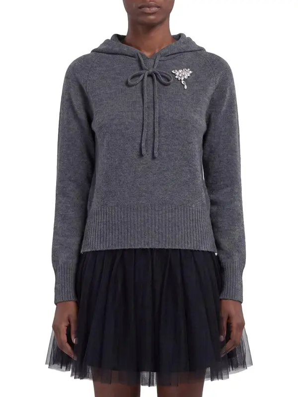 Simone Rocha Knitted Cashmere Hoodie With Rhinestone Embellishment - Grey