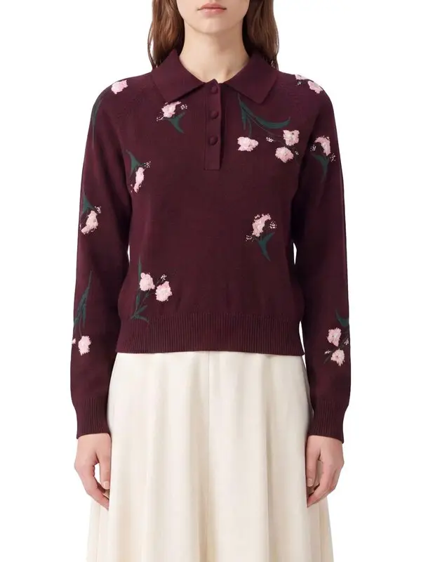 Erdem Slim Fit Knitted Polo With Floral Motif - Burgundy
