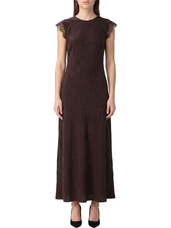 Pinko Sleeveless Long Sheath Ceremony Gown In Crêpe With Lace Inserts - Brown