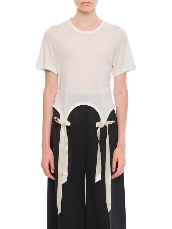 Simone Rocha Sheer Lyocell T-shirt With Embroidery And Bow - White
