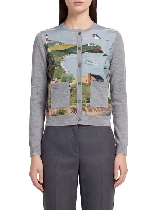 Thom Browne Slim Fit Cashmere And Silk Cardigan With Graphic Print - Grey