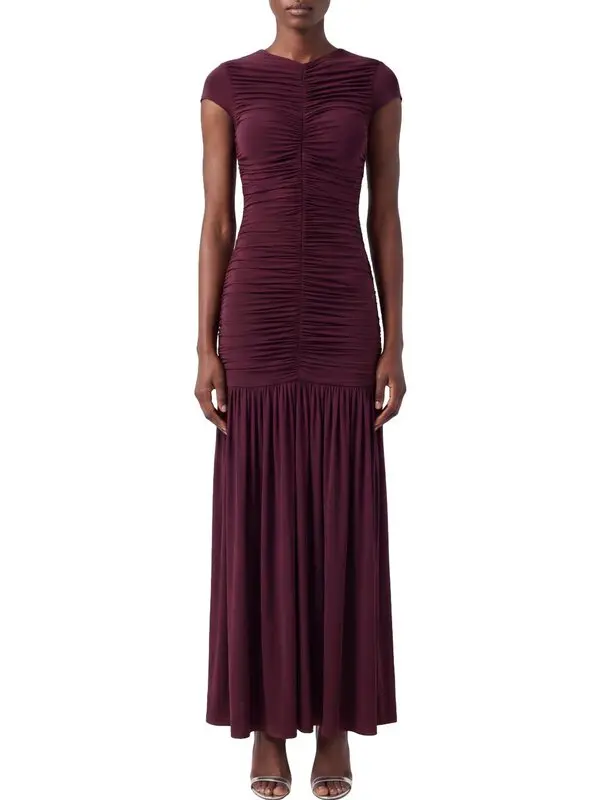 ROTATE BY BIRGER CHRISTENSEN Draped Jersey Midi Dress With V-neck And Ruched Waist - Burgundy