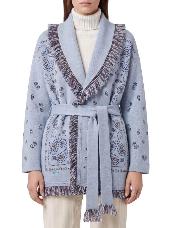 Alanui Bandana Motif Robe Cardigan In Cashmere With Fringes - Blue
