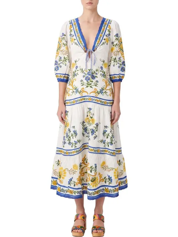 Farm Rio Emily Floral Linen-blend Chemisier Dress With Balloon Sleeves - White