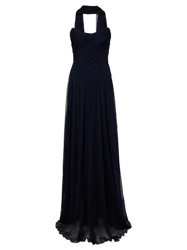 Monique Lhuillier Scarf-detail Draped Silk Bustier Gown - Blue