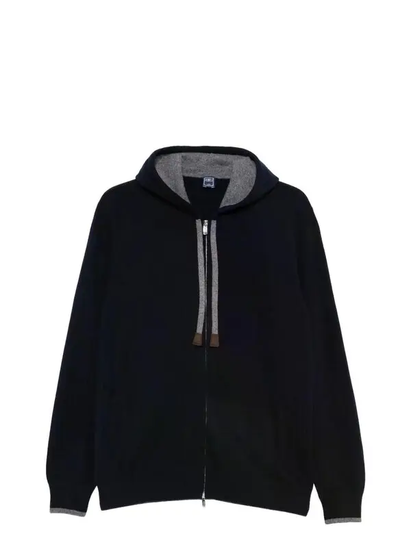 Fedeli Davis Zip-up Drawstring Knitted Hoodie - Blue