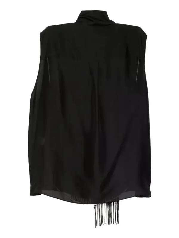 LESS Silk Tie Blouse With Fringe Detail - Black