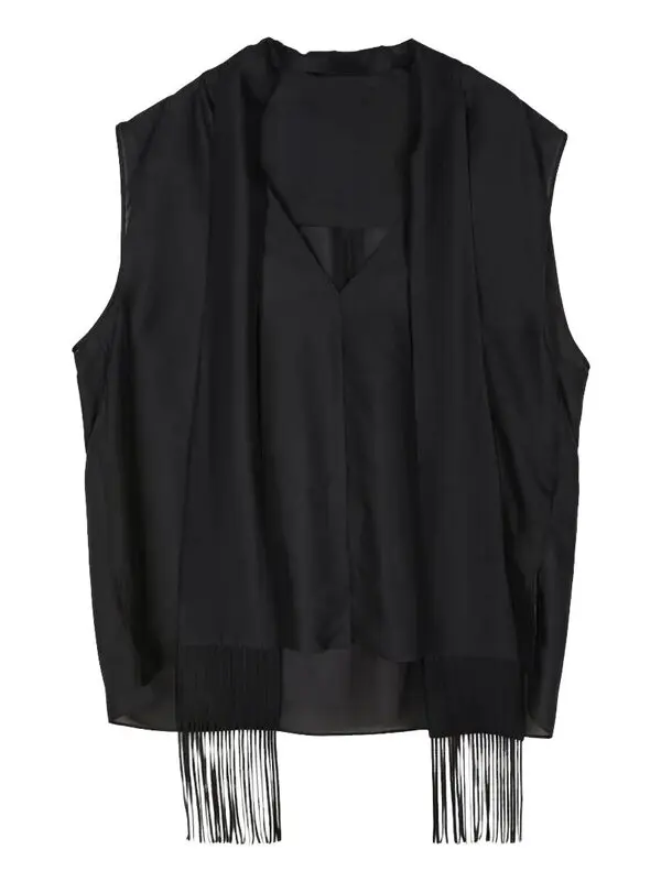 LESS Silk Tie Blouse With Fringe Detail - Black