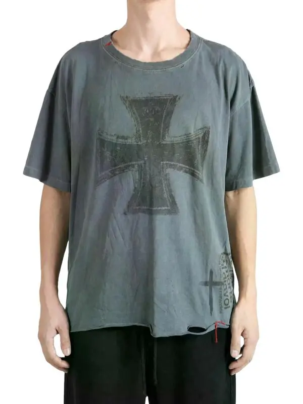 SAITOS Cross-print Distressed T-shirt - Grey